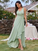 China Beautiful High-low Ruffles V-neck Waist Pleating Two Straps Mint Green Chiffon Pleated Lotus Leaf Sleeveless Evening Dre for sale