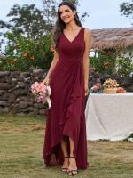 China Unique High-low Ruffles V-neck Waist Pleating Two Straps Burgundy Chiffon Pleated Lotus Leaf Sleeveless Prom Dress for sale