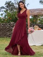 China Unique High-low Ruffles V-neck Waist Pleating Two Straps Burgundy Chiffon Pleated Lotus Leaf Sleeveless Prom Dress for sale