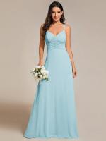 China Beautiful Empire A-line Adjustable Straps V-neck Pleated Sky Blue Chiffon Evening Dress for sale