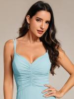 China Beautiful Empire A-line Adjustable Straps V-neck Pleated Sky Blue Chiffon Evening Dress for sale