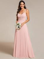China Popular Empire A-line Adjustable Straps V-neck Pleated Pleated Pink Chiffon Graduation Dress for sale