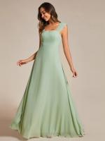 China Empire High-waisted Sleeveless Cap Sleeve Square Neck Invisible Zipper Mint Green Chiffon Bridesmaid Dress for sale
