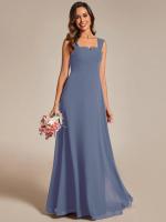 China Empire High-waisted Sleeveless Cap Sleeve Square Neck Invisible Zipper Dusty Rose Chiffon Evening Dress for sale