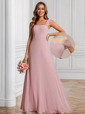 China Empire High-waisted Sleeveless Cap Sleeve Square Neck Invisible Zipper Dusty Rose Chiffon Evening Dress for sale