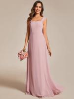 China Empire High-waisted Sleeveless Cap Sleeve Square Neck Invisible Zipper Dusty Rose Chiffon Evening Dress for sale