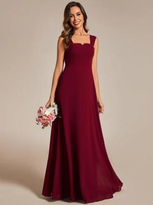 China Empire High-waisted Sleeveless Cap Sleeve Square Neck Invisible Zipper Burgundy Chiffon Party Dress for sale