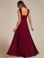 China Empire High-waisted Sleeveless Cap Sleeve Square Neck Invisible Zipper Burgundy Chiffon Party Dress for sale
