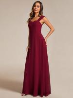 China Empire High-waisted Sleeveless Cap Sleeve Square Neck Invisible Zipper Burgundy Chiffon Party Dress for sale