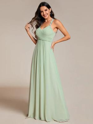 China Empire A-line Backless Floral Halter Neck V-neck Pleated Cut-out Back Zipper Mint Green Chiffon Bridesmaid Dress for sale