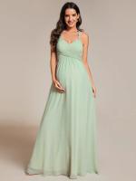 China Empire A-line Backless Floral Halter Neck V-neck Pleated Cut-out Back Zipper Mint Green Chiffon Bridesmaid Dress for sale