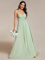 China Empire A-line Backless Floral Halter Neck V-neck Pleated Cut-out Back Zipper Mint Green Chiffon Bridesmaid Dress for sale