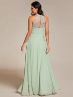 China Empire A-line Backless Floral Halter Neck V-neck Pleated Cut-out Back Zipper Mint Green Chiffon Bridesmaid Dress for sale