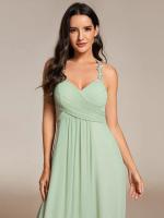 China Empire A-line Backless Floral Halter Neck V-neck Pleated Cut-out Back Zipper Mint Green Chiffon Bridesmaid Dress for sale