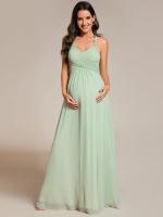 China Empire A-line Backless Floral Halter Neck V-neck Pleated Cut-out Back Zipper Mint Green Chiffon Bridesmaid Dress for sale