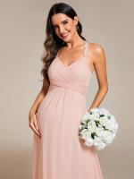 China Empire A-line Backless Floral Halter Neck V-neck Pleated Cut-out Back Zipper Pink Chiffon Evening Dress for sale
