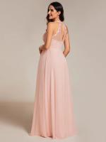China Empire A-line Backless Floral Halter Neck V-neck Pleated Cut-out Back Zipper Pink Chiffon Evening Dress for sale