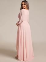 China V-neck Plus Size Enchanting Lotus Leaf Lantern Sleeve Pleated Empire High Waist A-line Pink Chiffon Bridesmaid Dress for sale