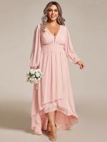 China V-neck Plus Size Enchanting Lotus Leaf Lantern Sleeve Pleated Empire High Waist A-line Pink Chiffon Bridesmaid Dress for sale