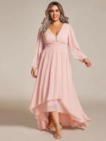 China V-neck Plus Size Enchanting Lotus Leaf Lantern Sleeve Pleated Empire High Waist A-line Pink Chiffon Bridesmaid Dress for sale
