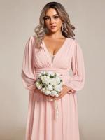 China V-neck Plus Size Enchanting Lotus Leaf Lantern Sleeve Pleated Empire High Waist A-line Pink Chiffon Bridesmaid Dress for sale