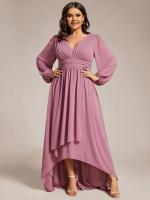 China V-neck Plus Size Enchanting Lotus Leaf Lantern Sleeve Pleated Empire High Waist A-line Burgundy Chiffon Evening Dress for sale