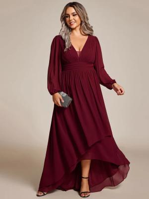 China V-neck Plus Size Enchanting Lotus Leaf Lantern Sleeve Pleated Empire High Waist A-line Burgundy Chiffon Evening Dress for sale