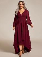China V-neck Plus Size Enchanting Lotus Leaf Lantern Sleeve Pleated Empire High Waist A-line Burgundy Chiffon Evening Dress for sale