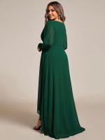 China V-neck Plus Size Enchanting Lotus Leaf Lantern Sleeve Pleated Empire High Waist A-line Dark Green Chiffon Prom Dress for sale
