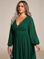 China V-neck Plus Size Enchanting Lotus Leaf Lantern Sleeve Pleated Empire High Waist A-line Dark Green Chiffon Prom Dress for sale