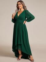 China V-neck Plus Size Enchanting Lotus Leaf Lantern Sleeve Pleated Empire High Waist A-line Dark Green Chiffon Prom Dress for sale