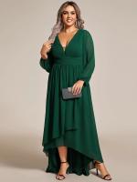China V-neck Plus Size Enchanting Lotus Leaf Lantern Sleeve Pleated Empire High Waist A-line Dark Green Chiffon Prom Dress for sale