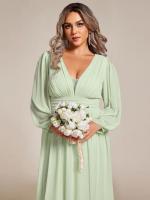 China Plus Size Enchanting Lotus Leaf Lantern Sleeve Pleated Empire High Waist A-line Mint Green Chiffon Graduation Dress for sale