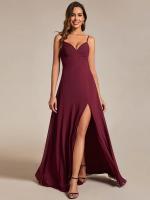 China Empire A-line Ruffled V-neck Spaghetti Strap High Slit Corset Top Zipper Pink Chiffon Bridesmaid Dress for sale