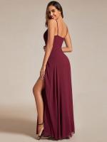 China Empire A-line Ruffled V-neck Spaghetti Strap High Slit Corset Top Zipper Pink Chiffon Bridesmaid Dress for sale
