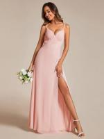 China Empire A-line Ruffled V-neck Spaghetti Strap High Slit Corset Top Zipper Pink Chiffon Bridesmaid Dress for sale