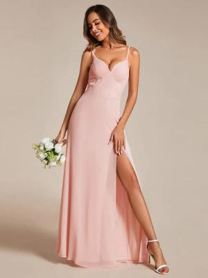 China Empire A-line Ruffled V-neck Spaghetti Strap High Slit Corset Top Zipper Pink Chiffon Bridesmaid Dress for sale