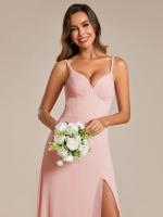 China Empire A-line Ruffled V-neck Spaghetti Strap High Slit Corset Top Zipper Pink Chiffon Bridesmaid Dress for sale