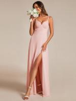 China Empire A-line Ruffled V-neck Spaghetti Strap High Slit Corset Top Zipper Pink Chiffon Bridesmaid Dress for sale