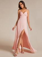 China Empire A-line Ruffled V-neck Spaghetti Strap High Slit Corset Top Zipper Pink Chiffon Bridesmaid Dress for sale
