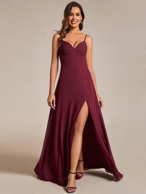 China Empire A-line Ruffled V-neck Spaghetti Strap High Slit Corset Top Zipper Burgundy Chiffon Evening Dress for sale