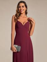 China Empire A-line Ruffled V-neck Spaghetti Strap High Slit Corset Top Zipper Burgundy Chiffon Evening Dress for sale