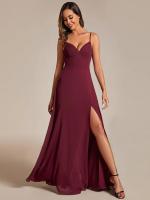 China Empire A-line Ruffled V-neck Spaghetti Strap High Slit Corset Top Zipper Burgundy Chiffon Evening Dress for sale