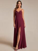 China Empire A-line Ruffled V-neck Spaghetti Strap High Slit Corset Top Zipper Burgundy Chiffon Evening Dress for sale