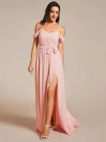 China Plus Size A-line Ruffled V-neck Spaghetti Strap High Slit Mint Green Chiffon Bridesmaid Dress for sale