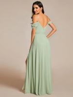 China Plus Size A-line Ruffled V-neck Spaghetti Strap High Slit Mint Green Chiffon Bridesmaid Dress for sale