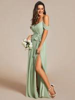 China Plus Size A-line Ruffled V-neck Spaghetti Strap High Slit Mint Green Chiffon Bridesmaid Dress for sale