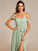 China Plus Size A-line Ruffled V-neck Spaghetti Strap High Slit Mint Green Chiffon Bridesmaid Dress for sale