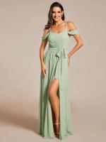 China Plus Size A-line Ruffled V-neck Spaghetti Strap High Slit Mint Green Chiffon Bridesmaid Dress for sale