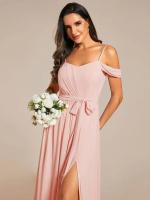 China Plus Size A-line Ruffled V-neck Spaghetti Strap High Slit Pink Chiffon Evening Dress for sale